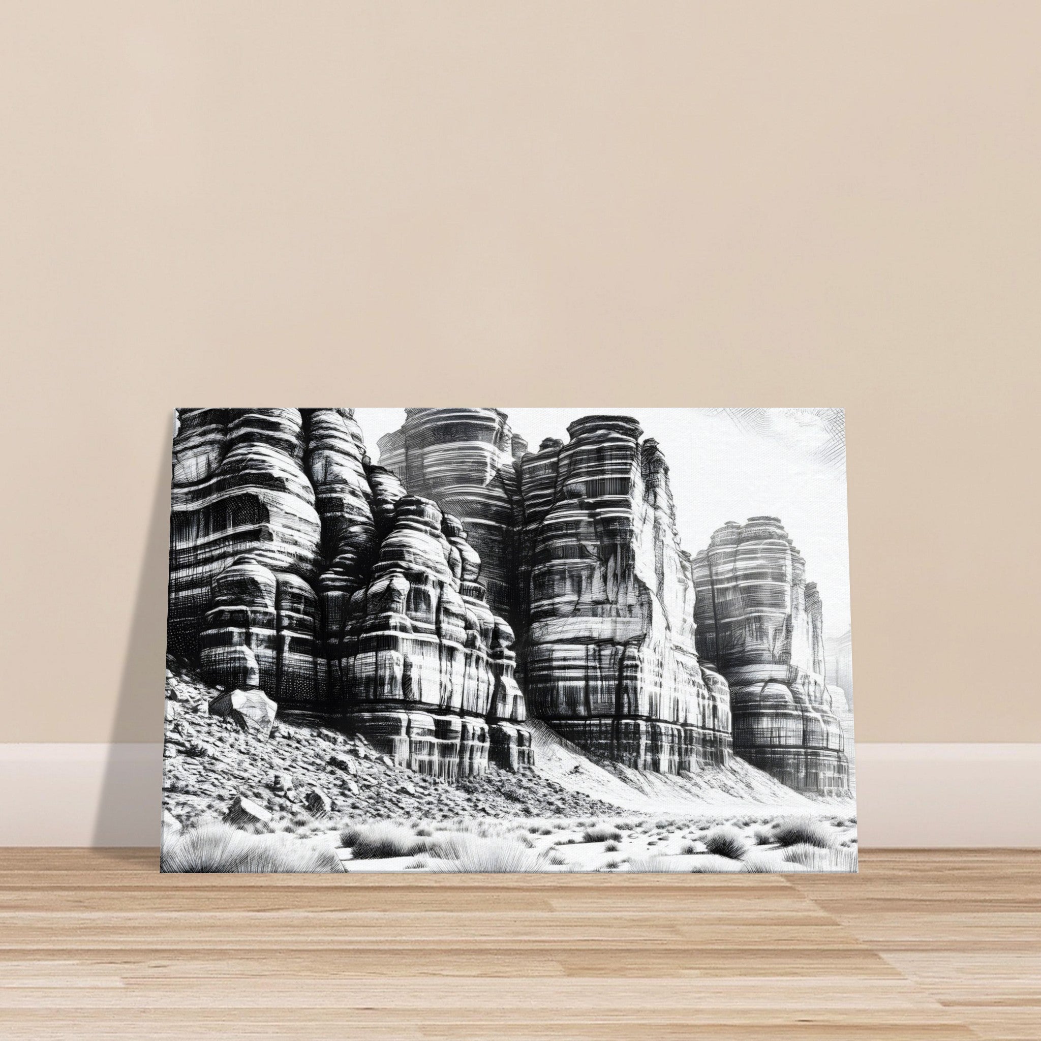 Desert Sandstorm Rock Formation Sketch | Detailed Monochrome Wall Art ...